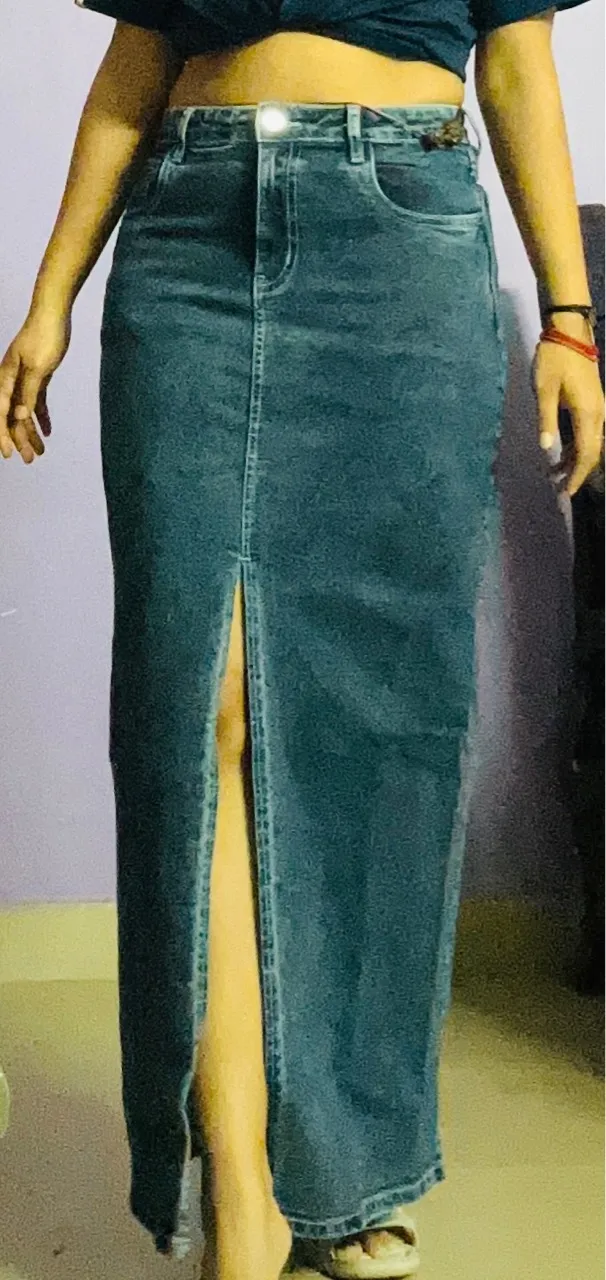 Front Slit Long Denim Skirt - newme
