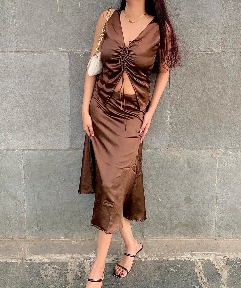 Neck Satin Solid Top And Midi Skirt Set - NEWME