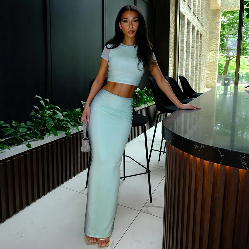 Solid Crop Top And Maxi Skirt Set Newme