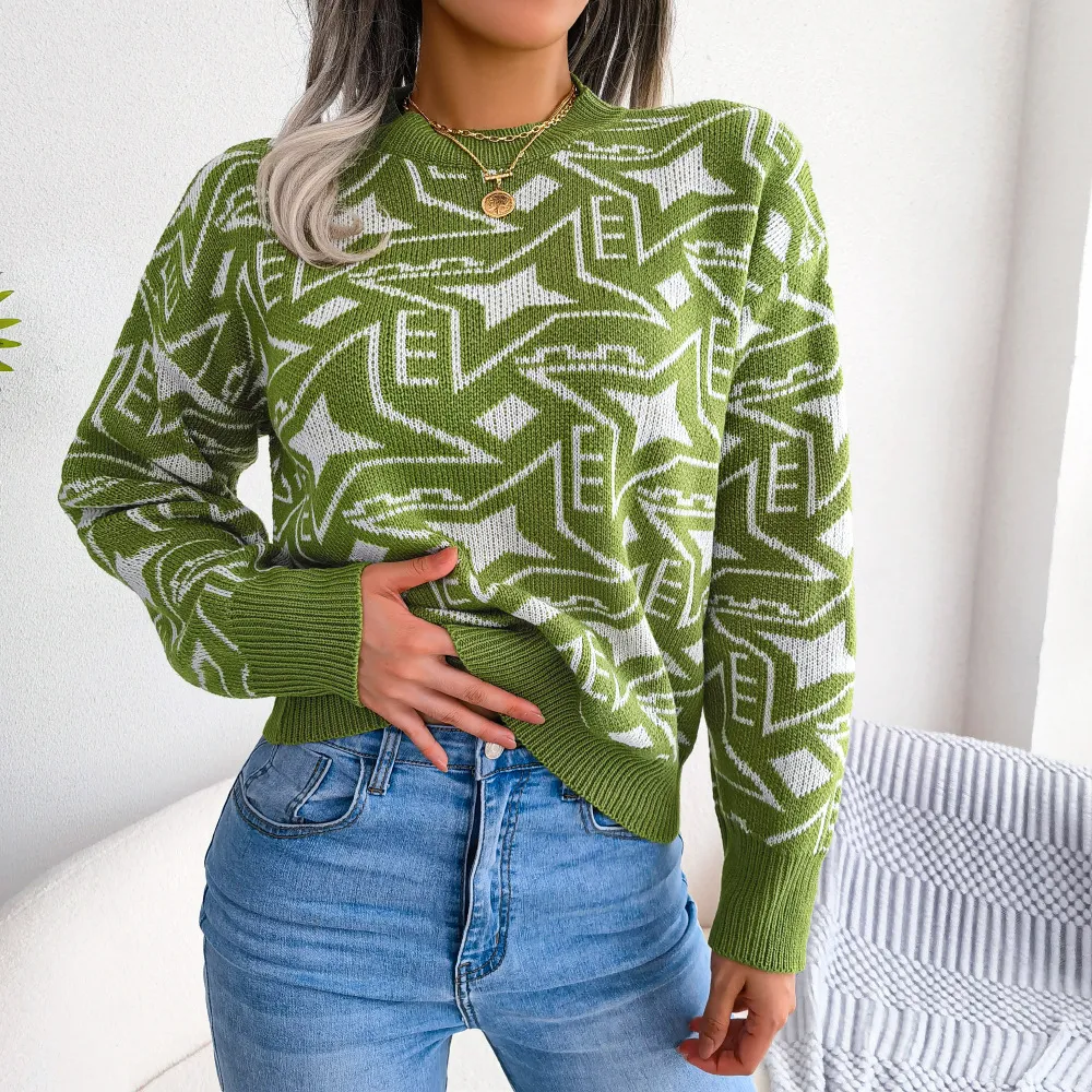Patterned Long Sleeve Oversized Sweater - NEWME