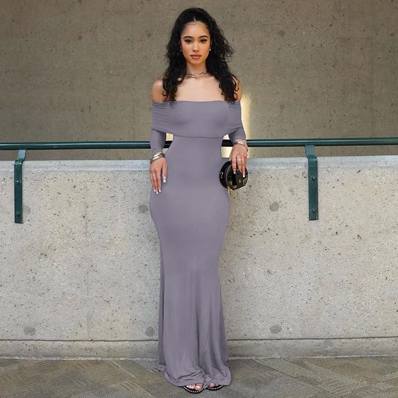 Solid Off Shoulder Bodycon Maxi Dress - newme