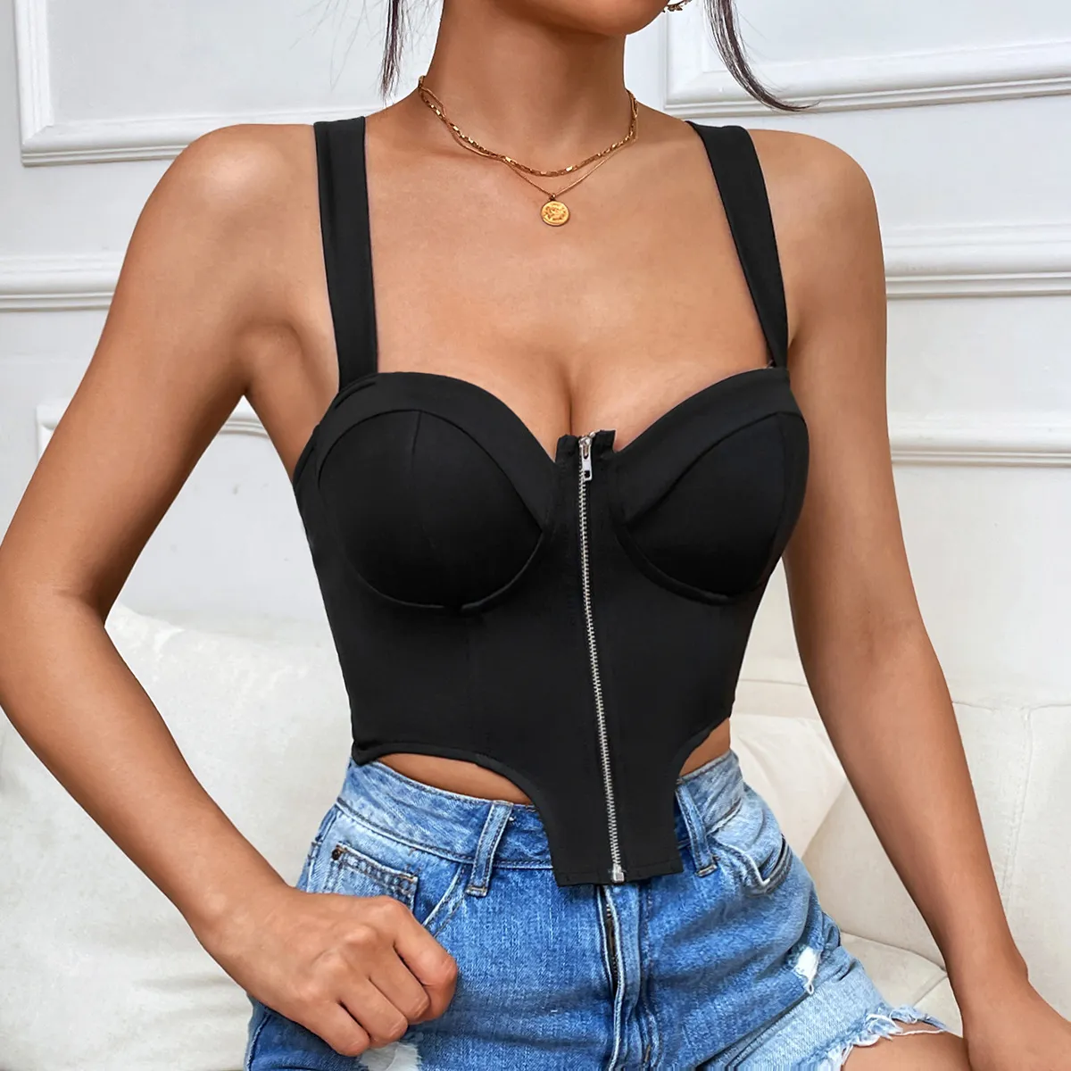 Solid Bustier Zipper Bralette - newme