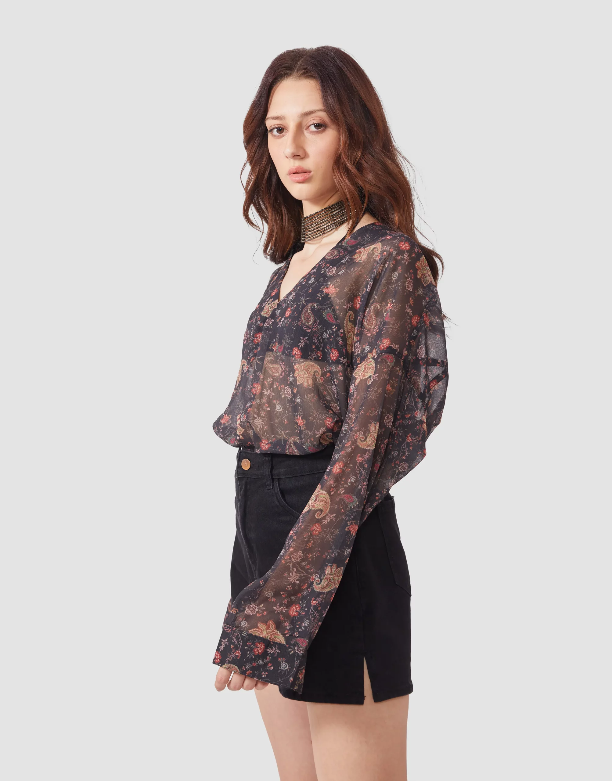 Printed Mesh Long Sleeve Top - newme