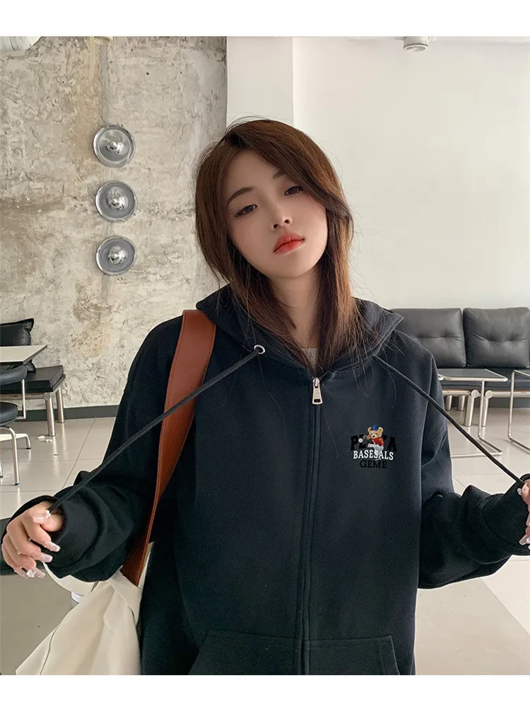 Graphic Drop Shoulder Zipper Up Hoodie Newme