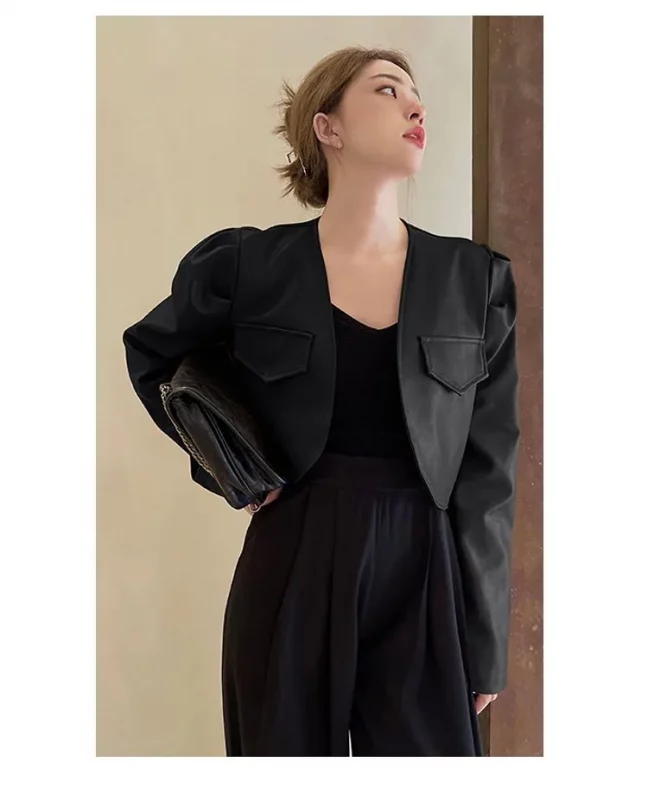 Casual Cropped Leather Casual Jacket - NEWME