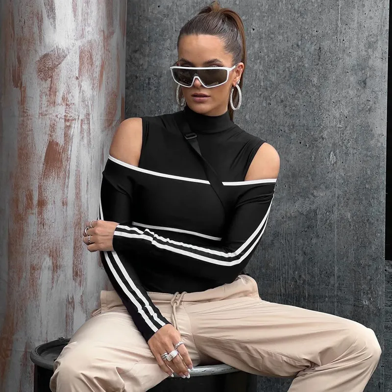 Cold Shoulder Striped Bodysuit - NEWME