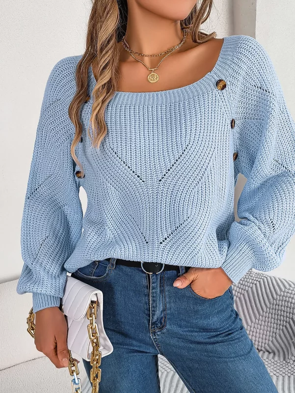 Square Neck Button Pullover Sweater - NEWME