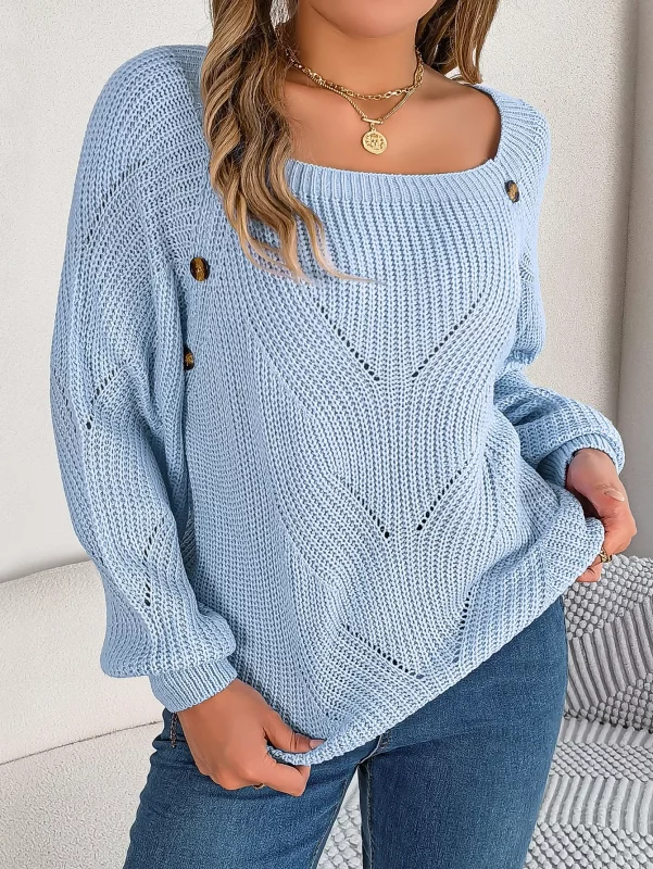 Square Neck Button Pullover Sweater - NEWME