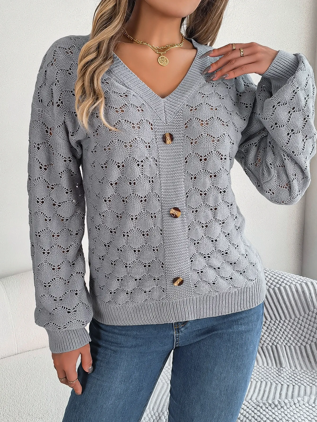 Button Décor Pointelle Knit Sweater - NEWME