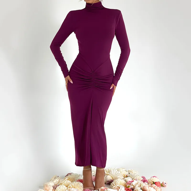 Long Sleeve Ruched Bodycon Dress - NEWME