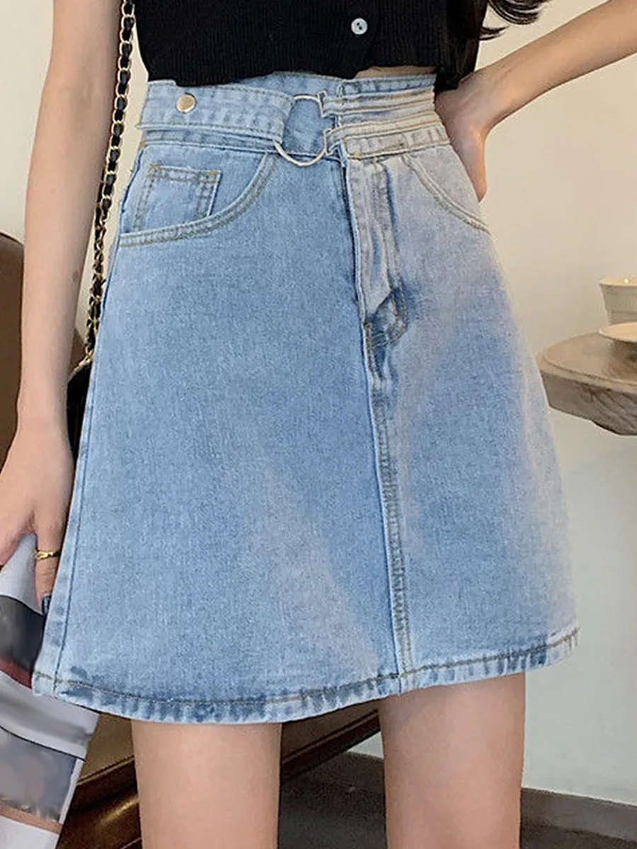 Solid Denim A-Line Skirt - NEWME