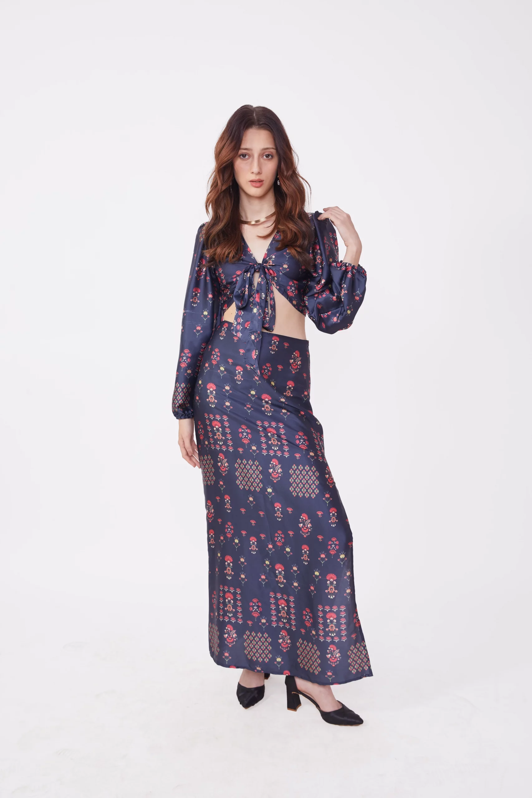 Front Tie Up Crop Top And Slit Maxi Skirt Set - NEWME