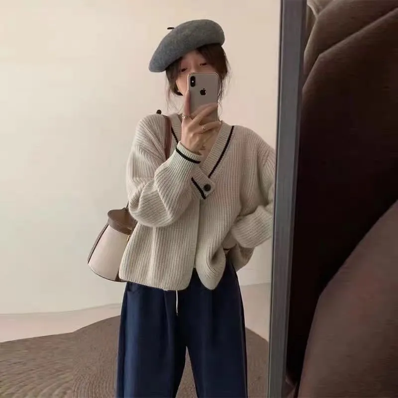 V-Neck Contrast Trim One Button Sweater - NEWME