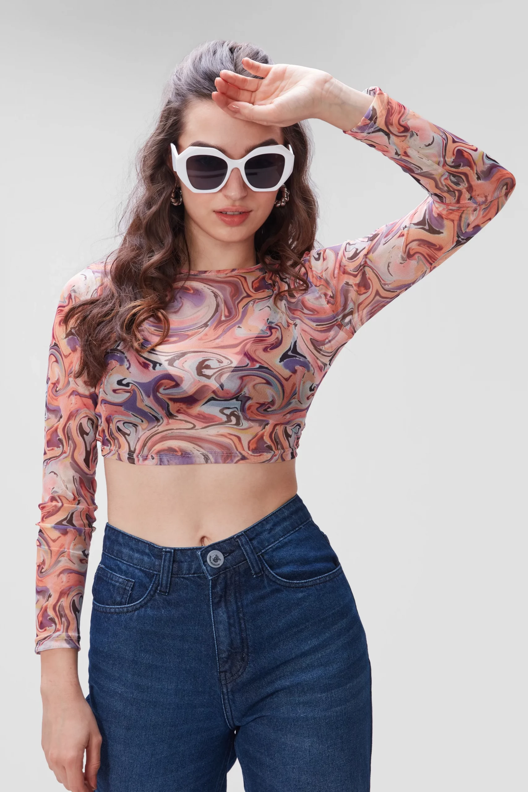 Marble Printed Full Sleeve Mesh Backless Top - NEWME