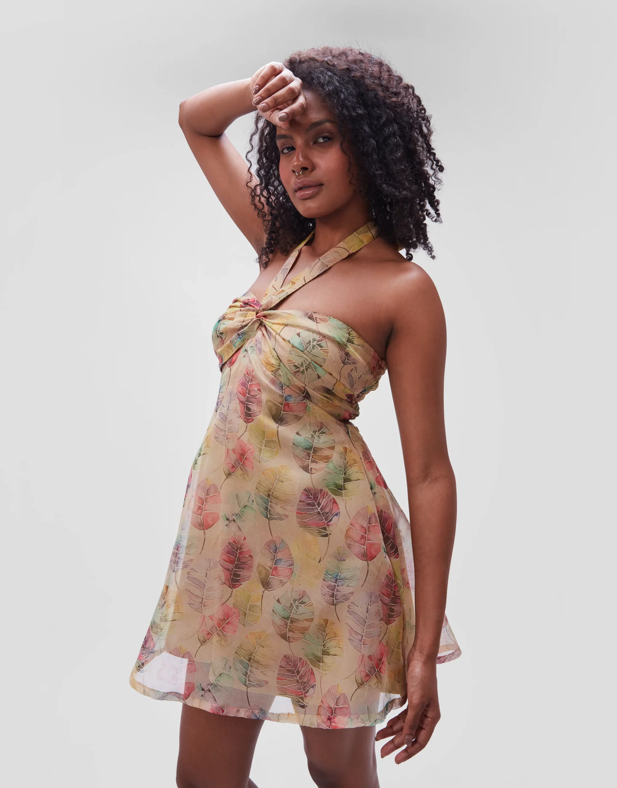 Floral Printed Halter Neck Cut-Out Line Dress - NEWME
