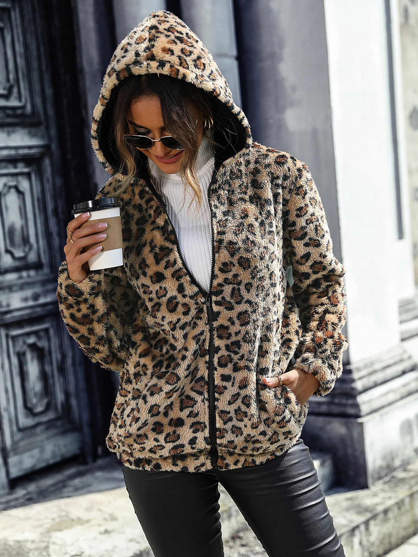 Leopard Printed Zipper Up Fleece Hoodie - NEWME