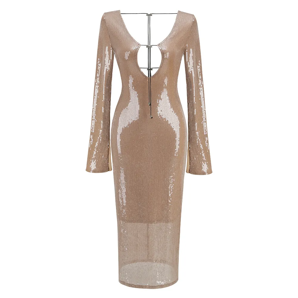 Sequin Beige Midi Dress - NEWME