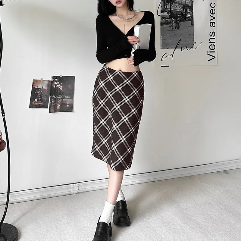 Brown Plaid Checkered Skirt Newme 5457