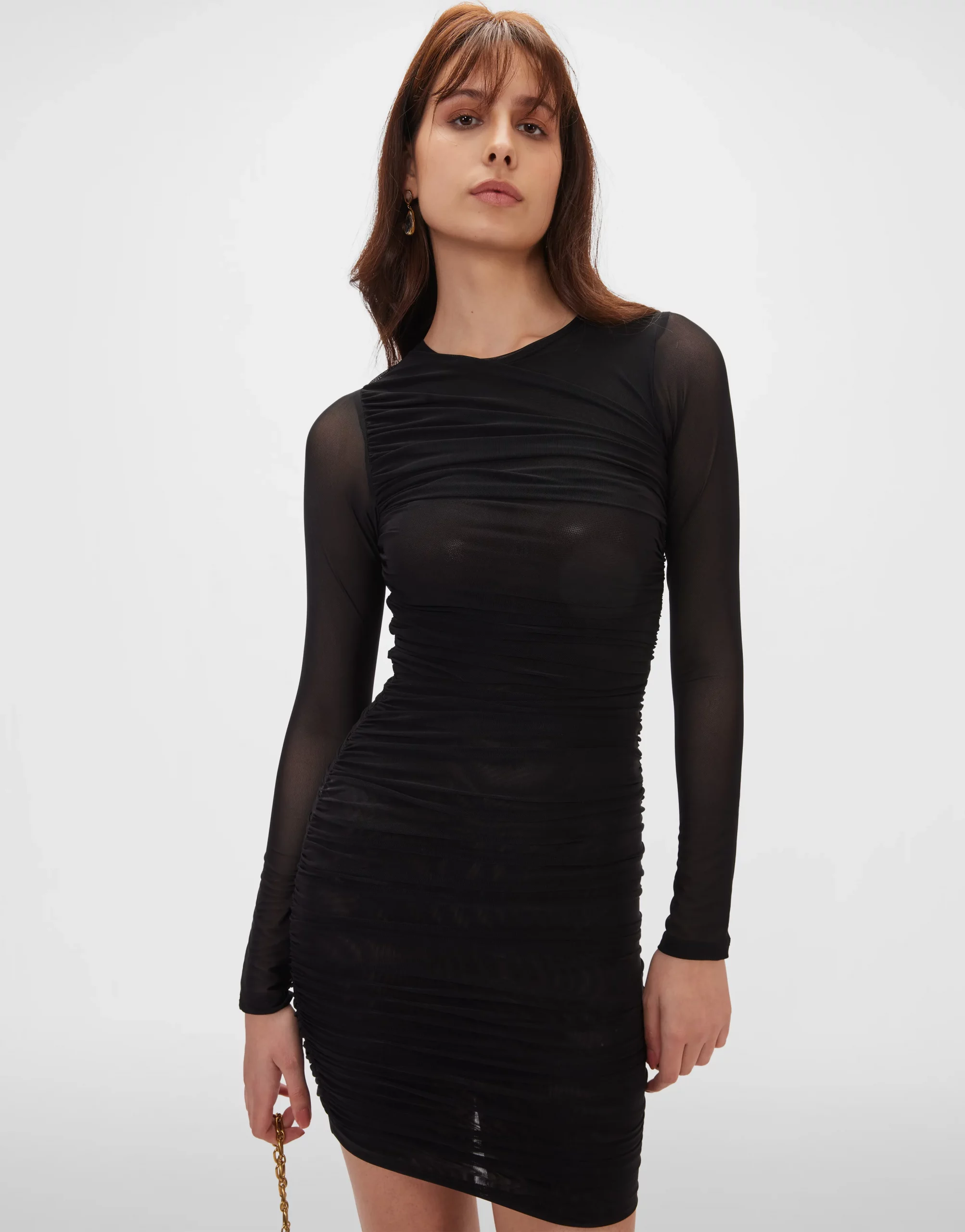 Black Mesh Front Gathering Mini Dress - NEWME