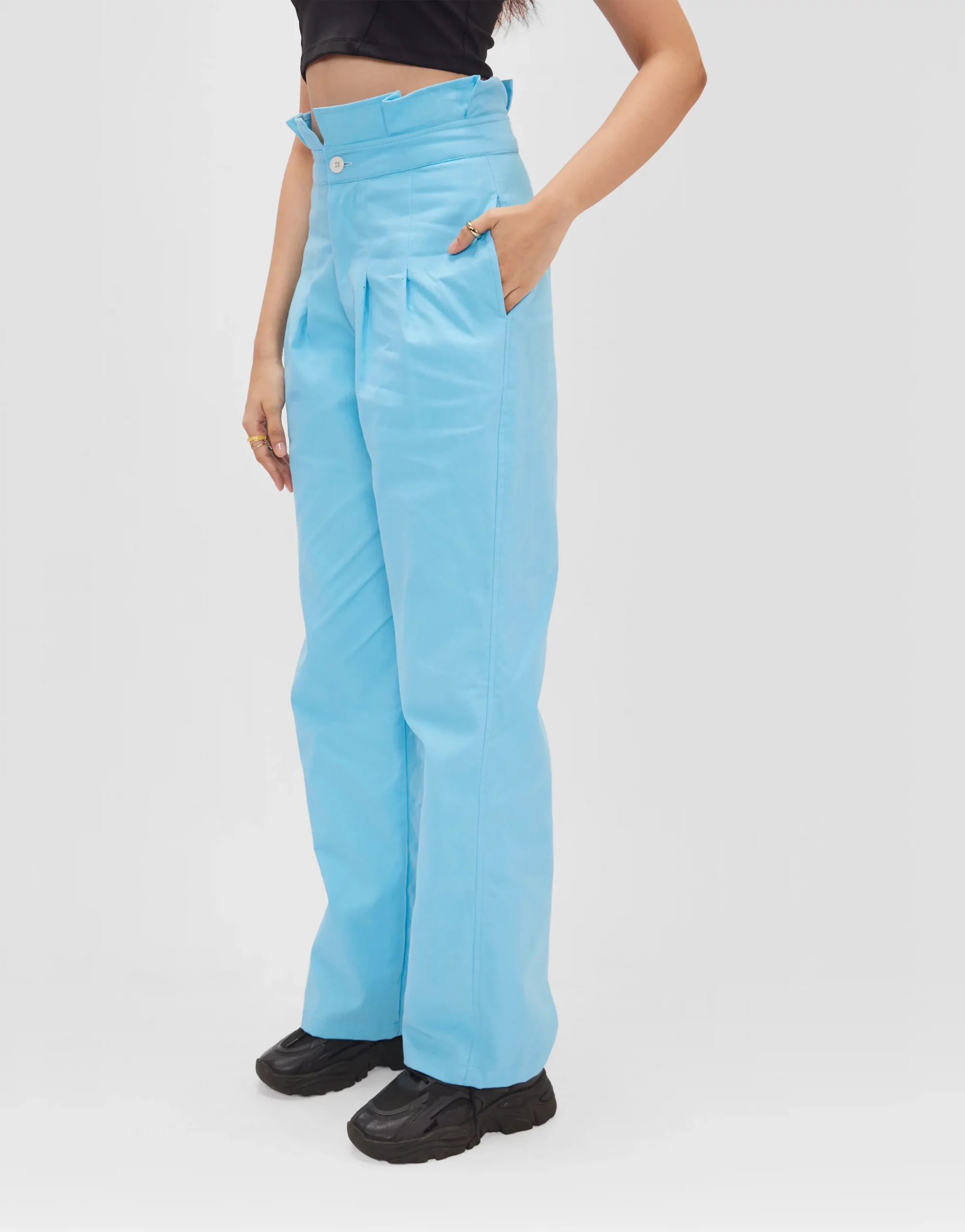 Sky Blue Straight Pants With Pleat Detail - newme