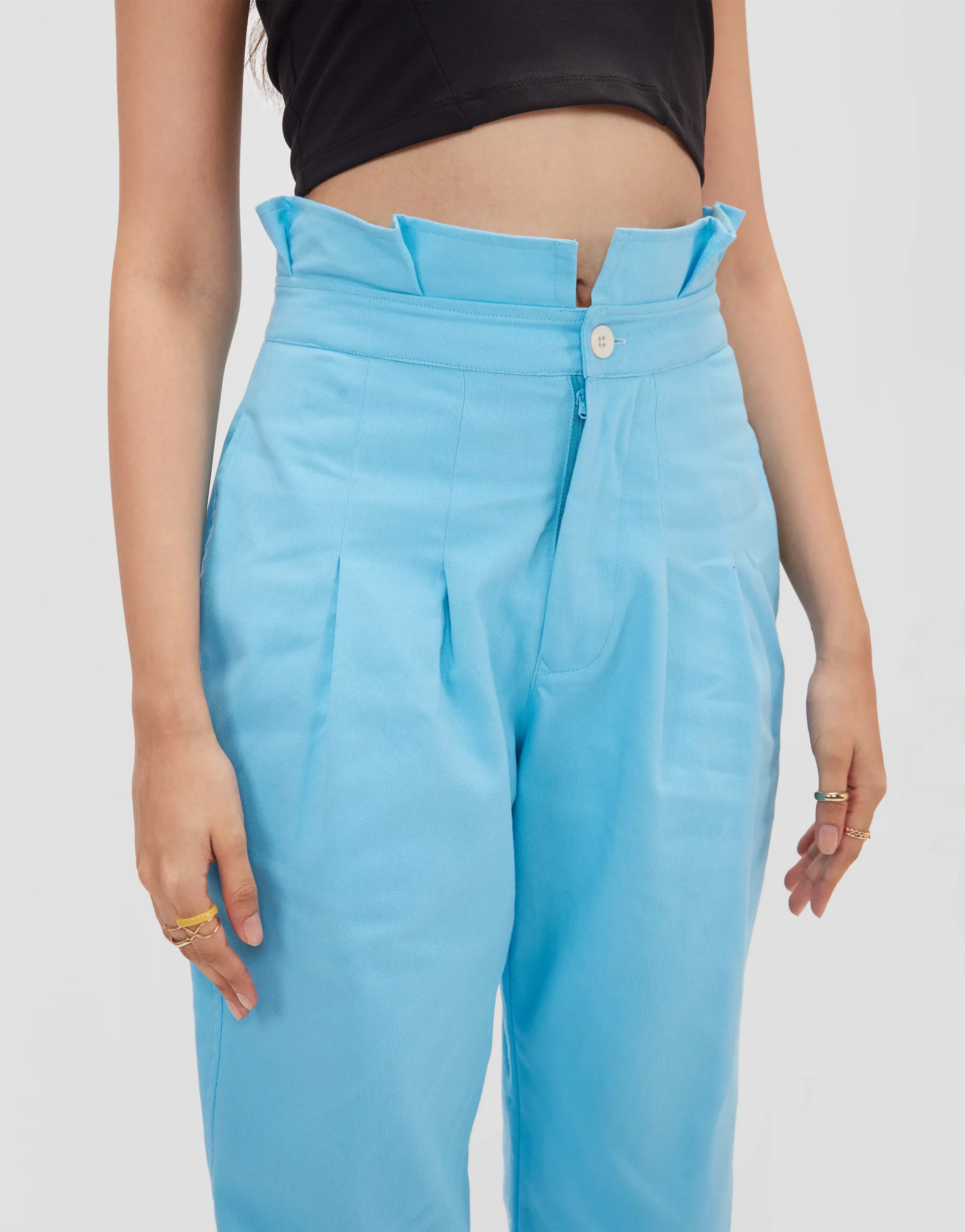 Sky Blue Straight Pants With Pleat Detail - newme