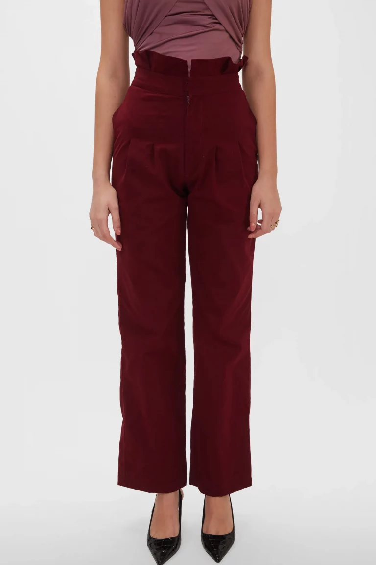 Maroon Straight Pants With Pleat Detail - NEWME