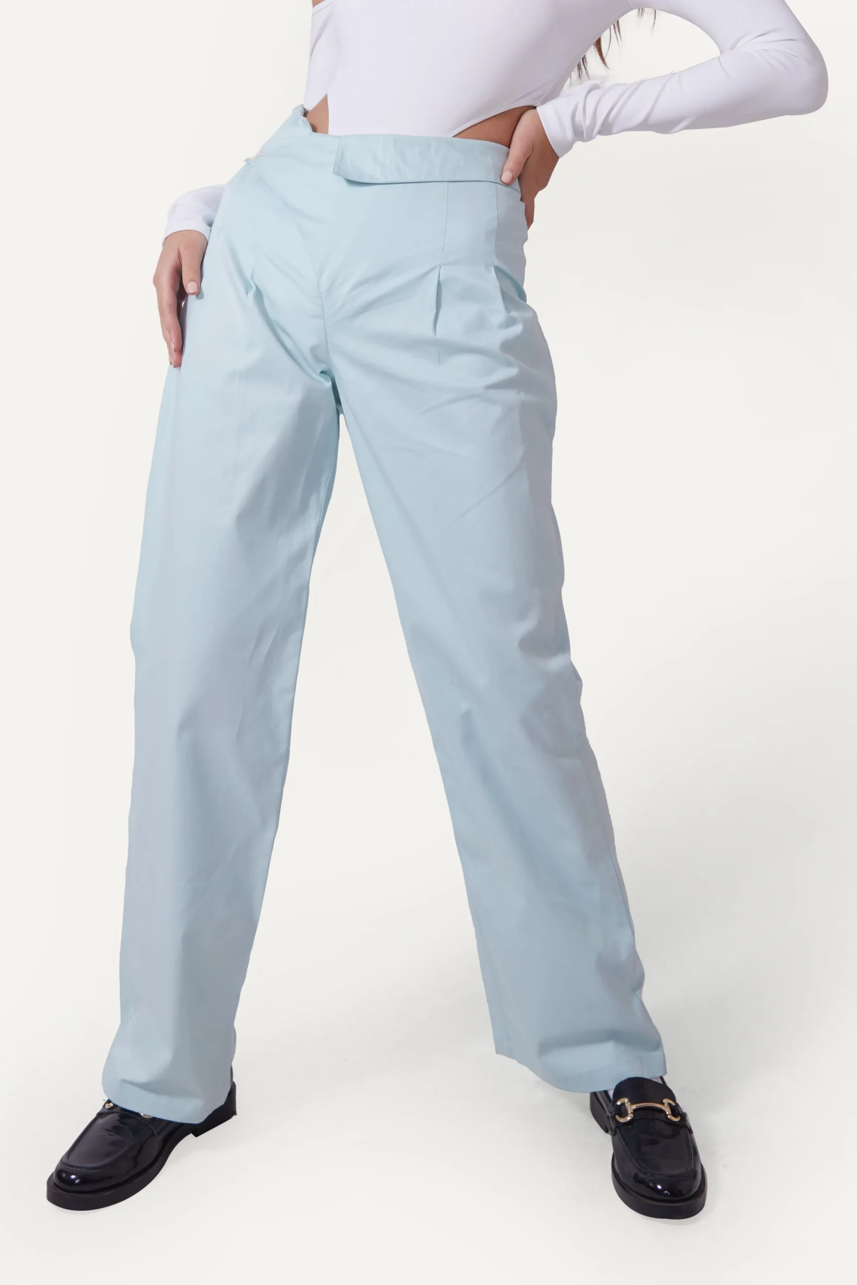 High Rise Straight Pants With Flap Waist - NEWME