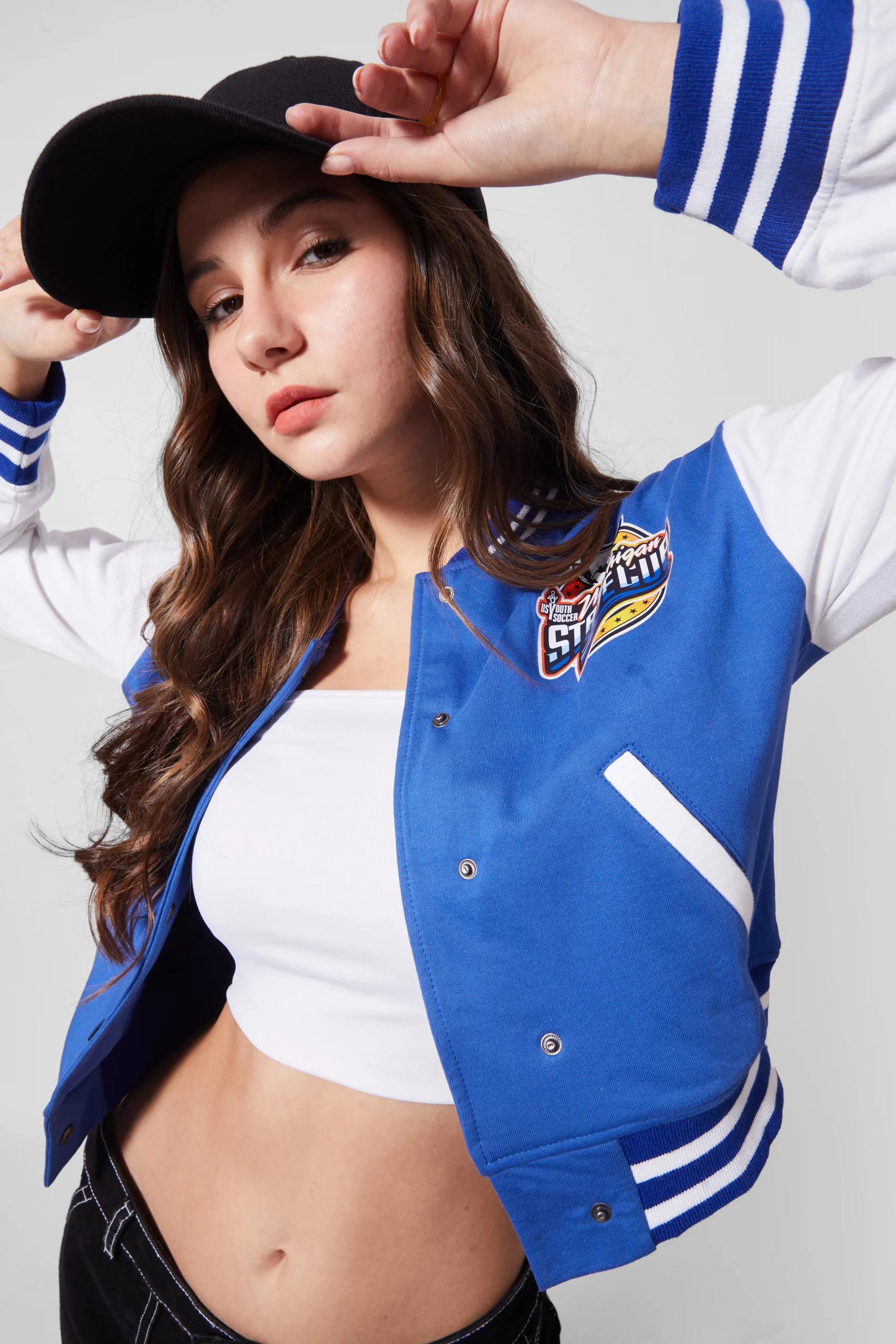 Blue Varsity Color Blocked Crop Jacket - NEWME