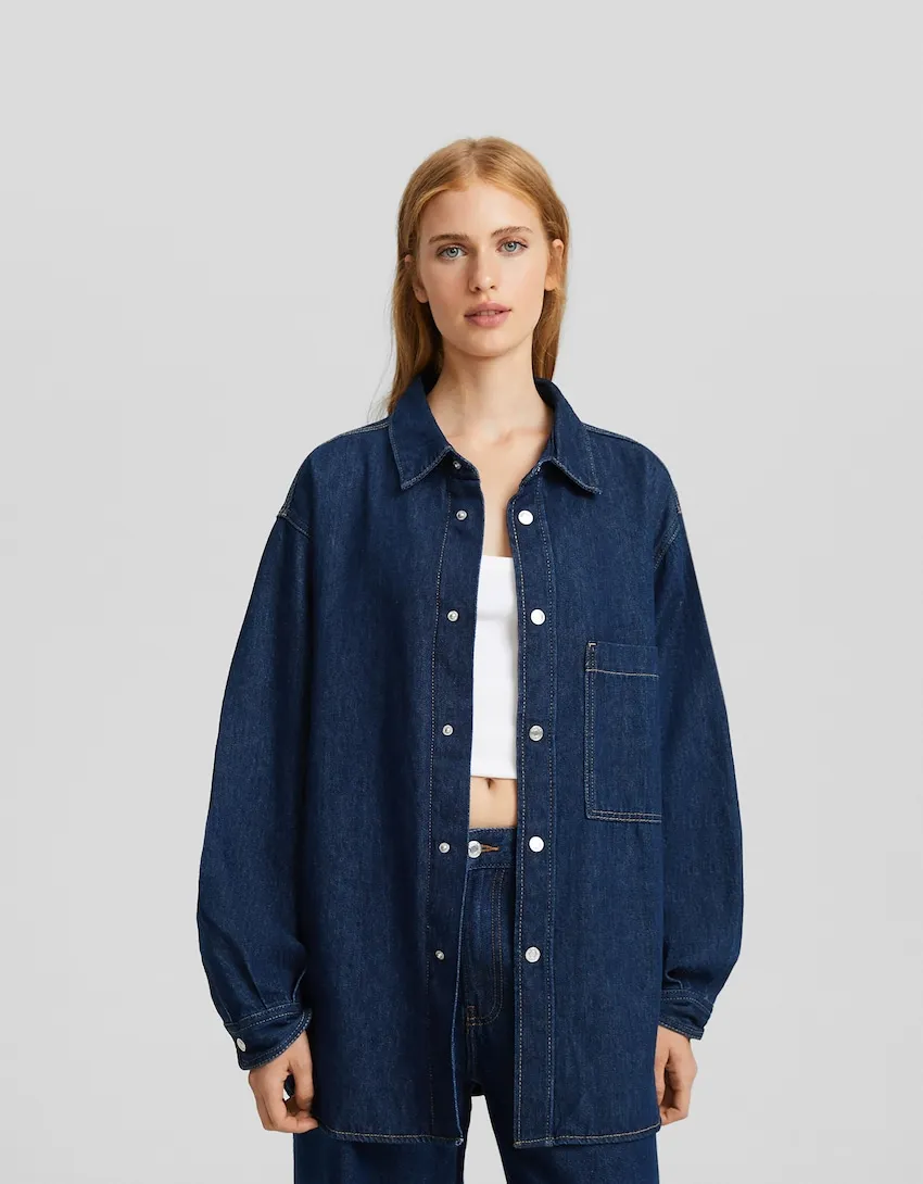 Pocket Detail Oversized Denim Overshirt - NEWME