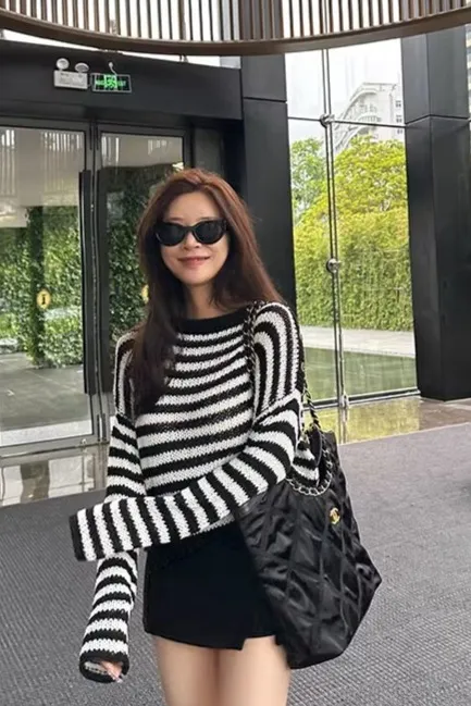 Striped Buttoned Shoulder Crop Sweater - NEWME