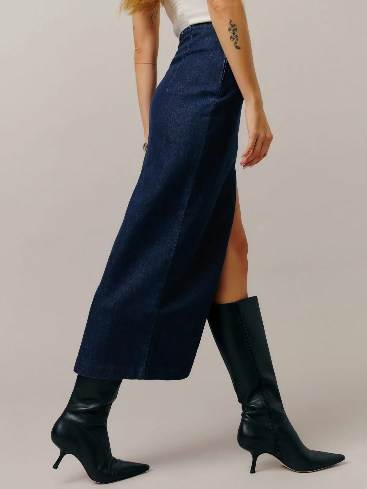 Side Slit High Rise Maxi Denim Skirt - newme