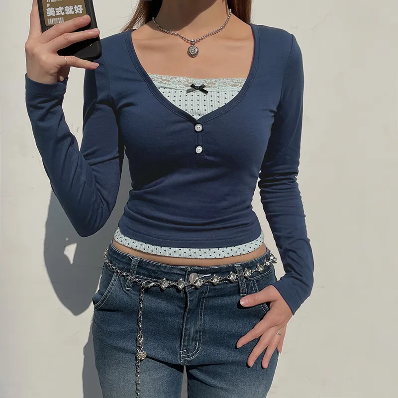 Dot Printed Lace Patchwork Top - NEWME