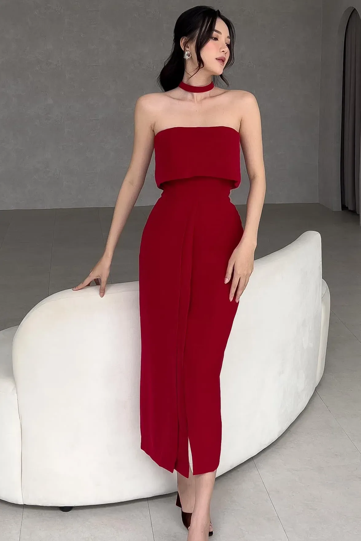 Red Over Fold Strapless Midi Dress - NEWME