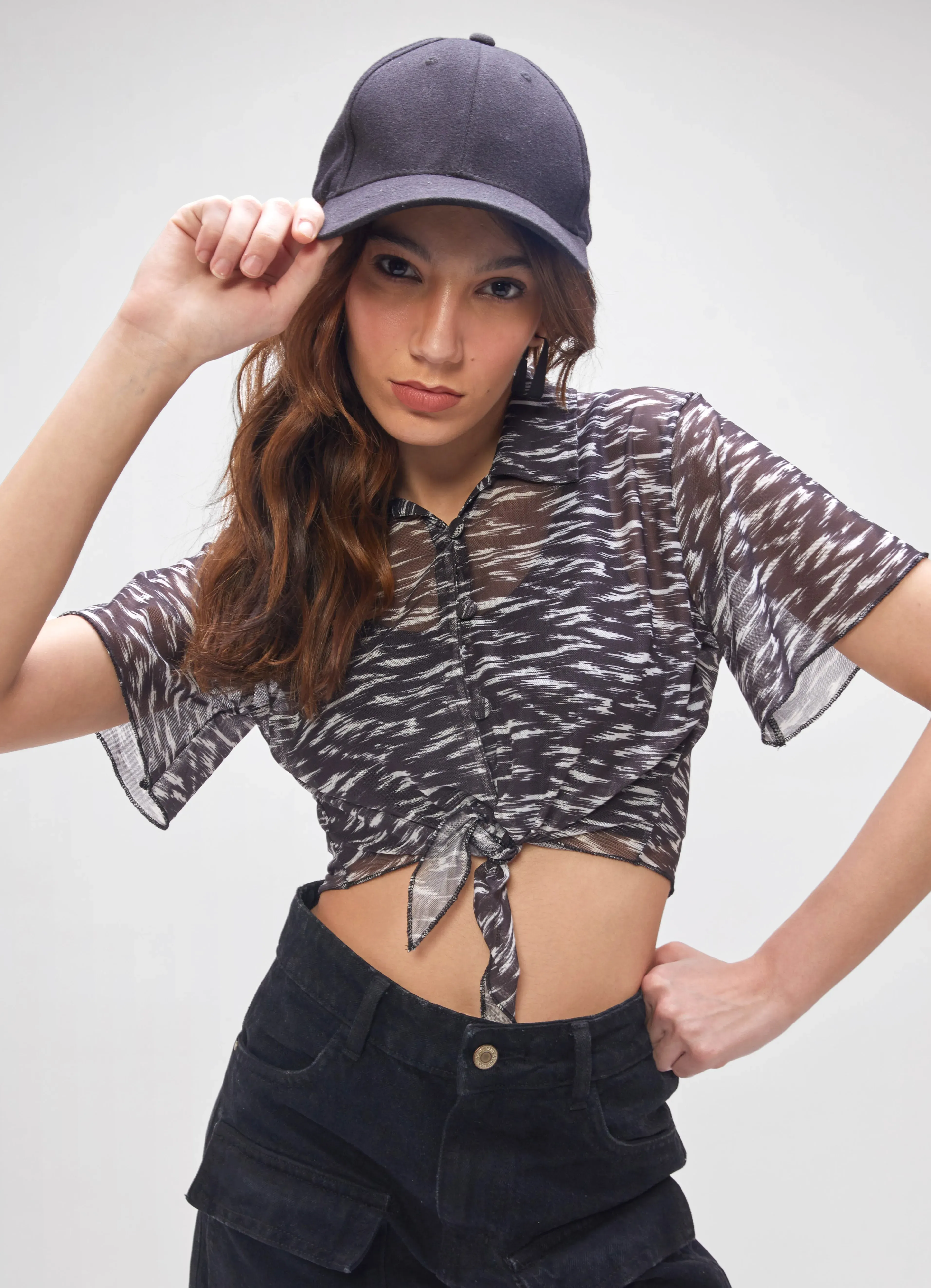 Printed Sheer Shirt With Waist Knot - NEWME
