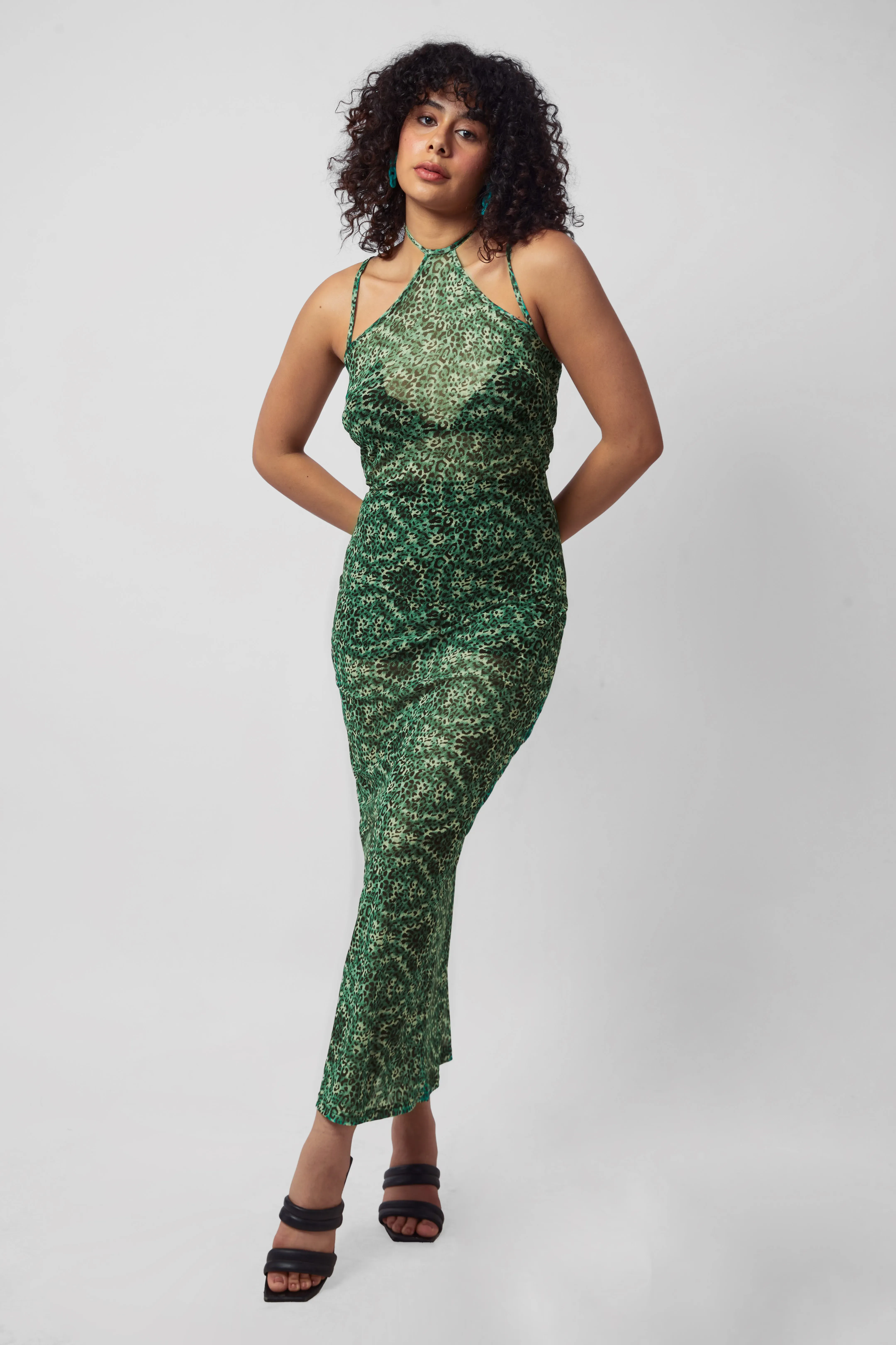 Printed Halterneck Sheer Midi Dress - NEWME