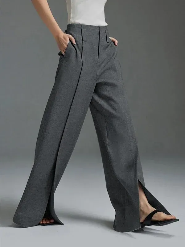 Solid Pleated Split Front Trousers - newme