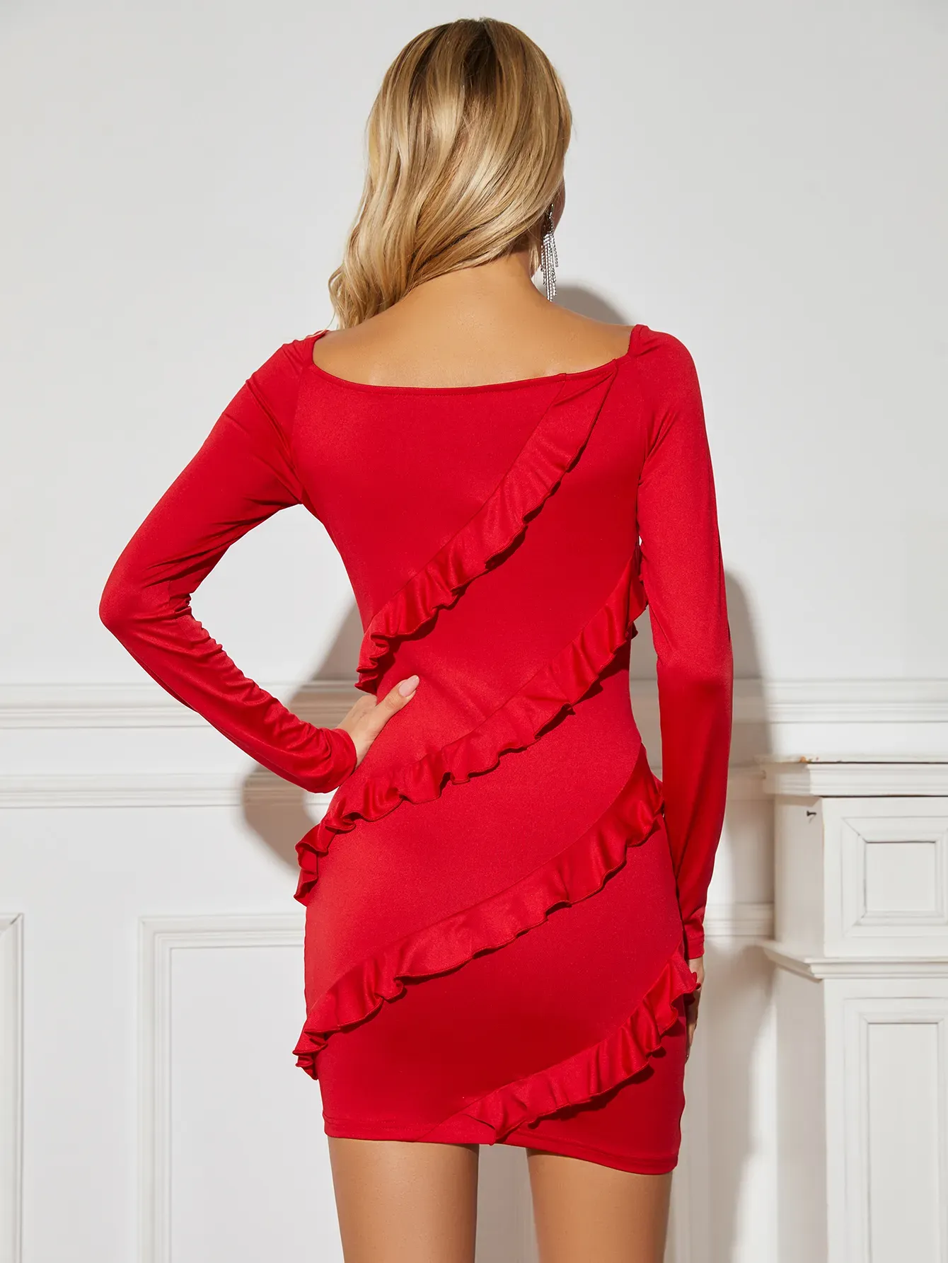 Red Ruffled Long Sleeve Mini Dress - newme