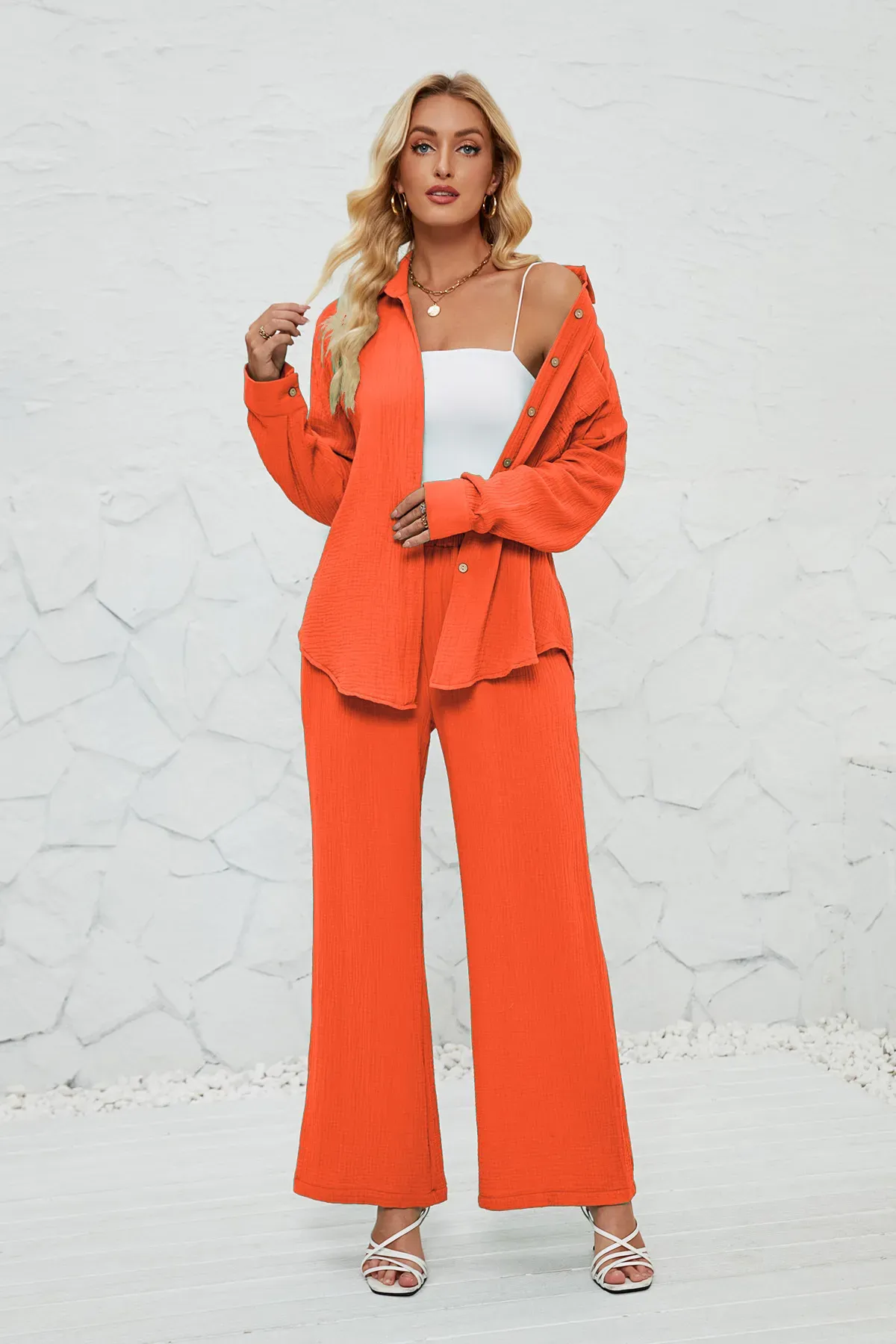 Orange Textured Solid Co Ord Set - NEWME