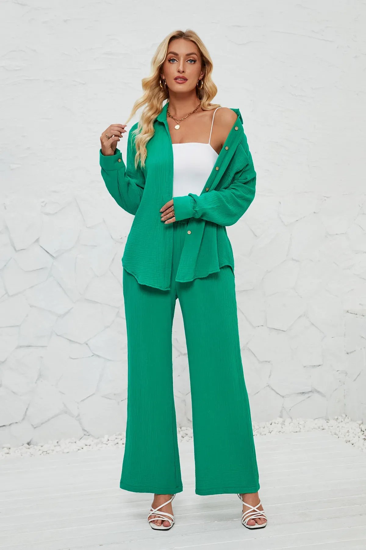 Green Textured Solid Co Ord Set - NEWME