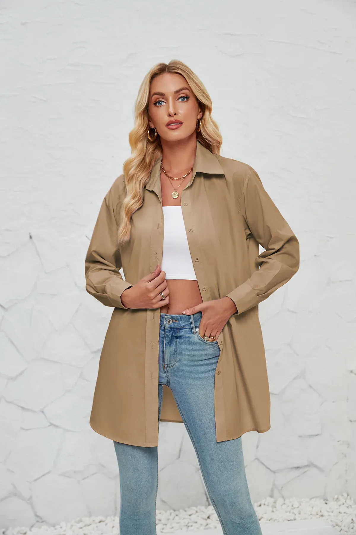 Beige Solid Button Down Collared Shirt - NEWME