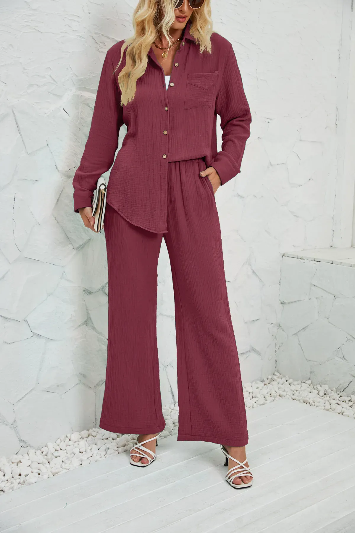 Brown Textured Solid Co Ord Set - newme