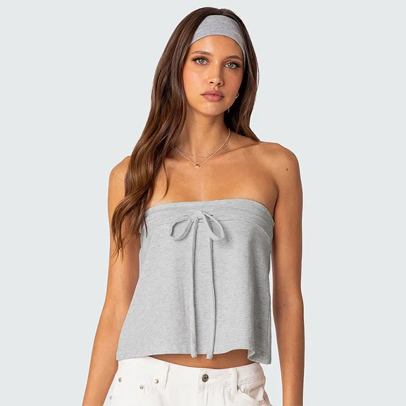 Light Grey Solid Tie Front Tube Top - NEWME