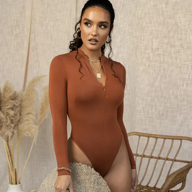 Brown Solid High Neck Fitted Bodysuit - NEWME