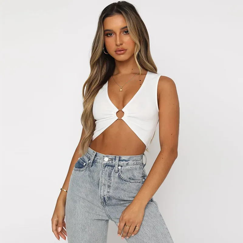 White V-Neck Sleeveless Solid Crop Top - NEWME