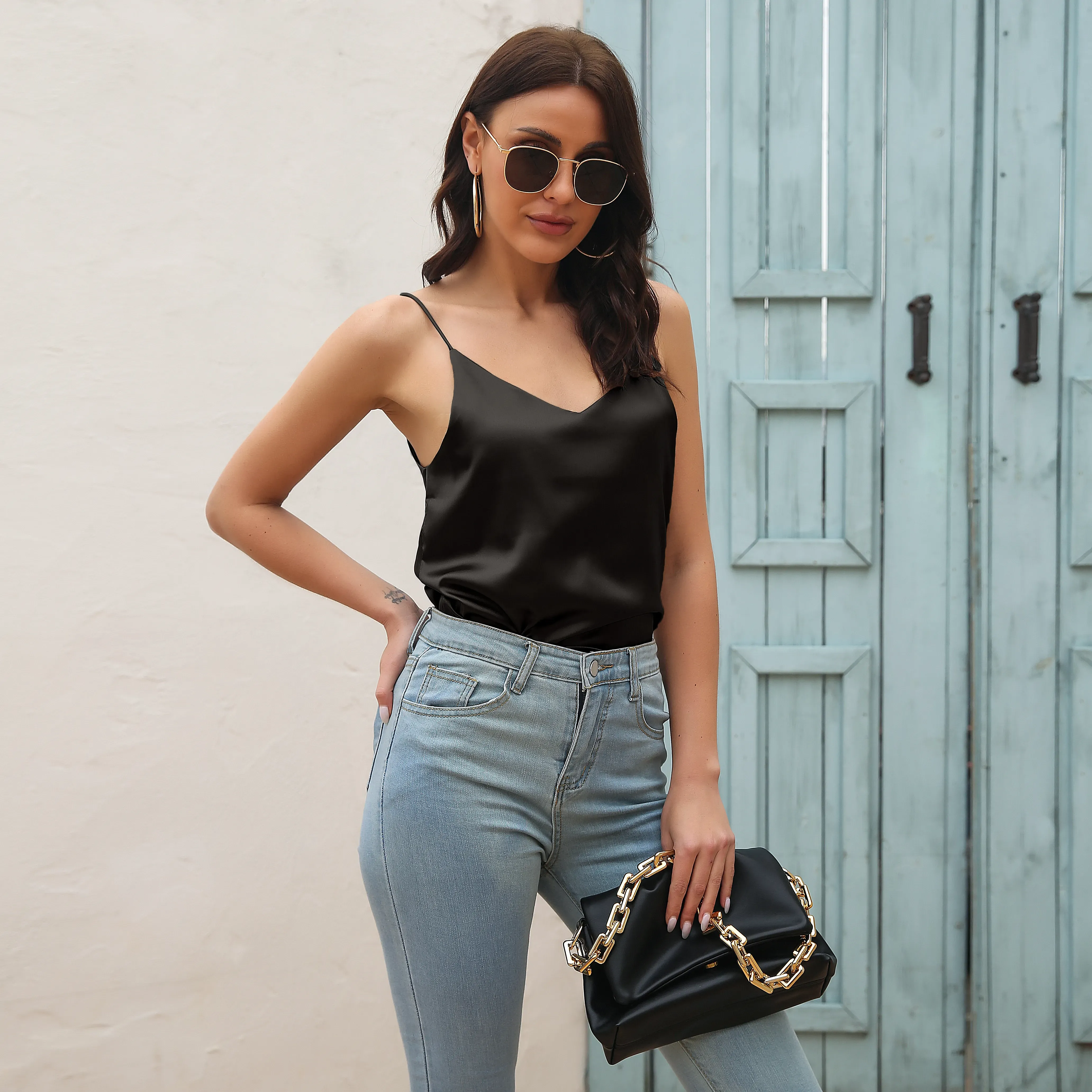 Black Neck Solid Cami Top - NEWME