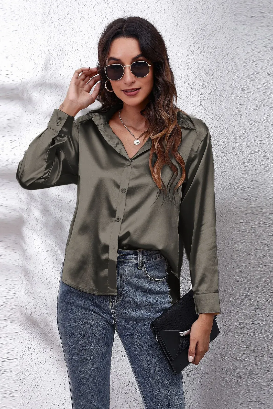 Grey Satin Spread Collar Shirt - NEWME