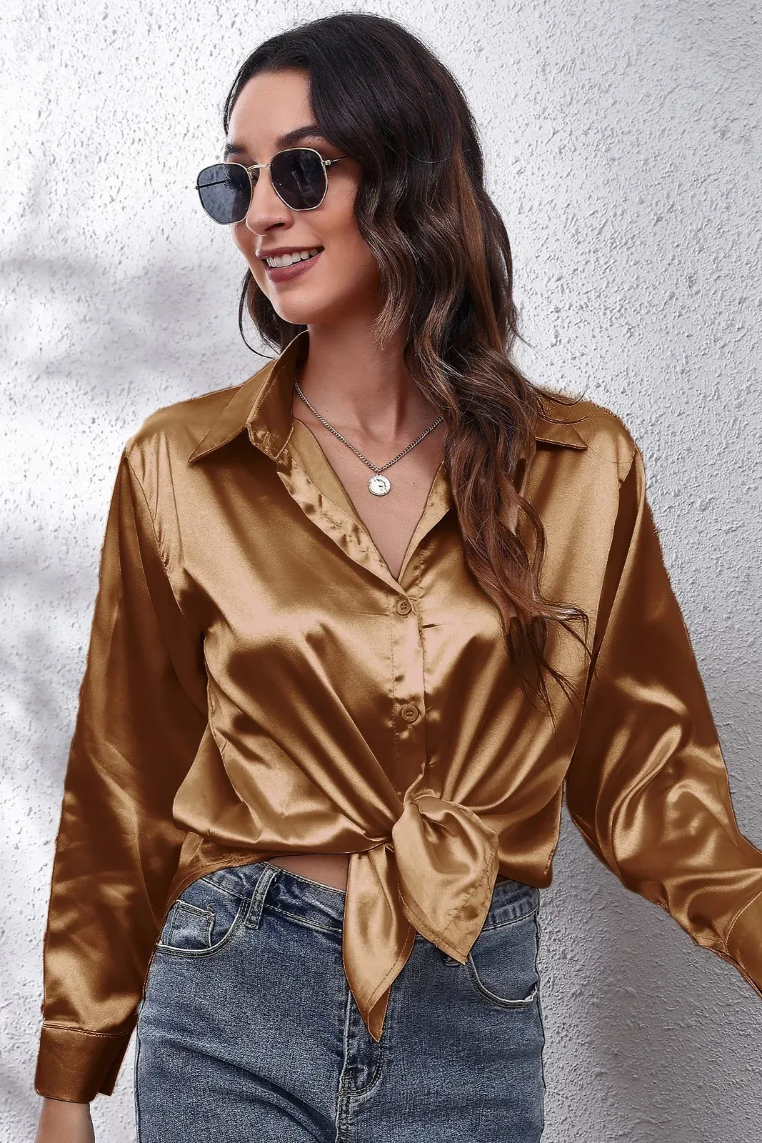 Tan Satin Spread Collar Shirt - NEWME