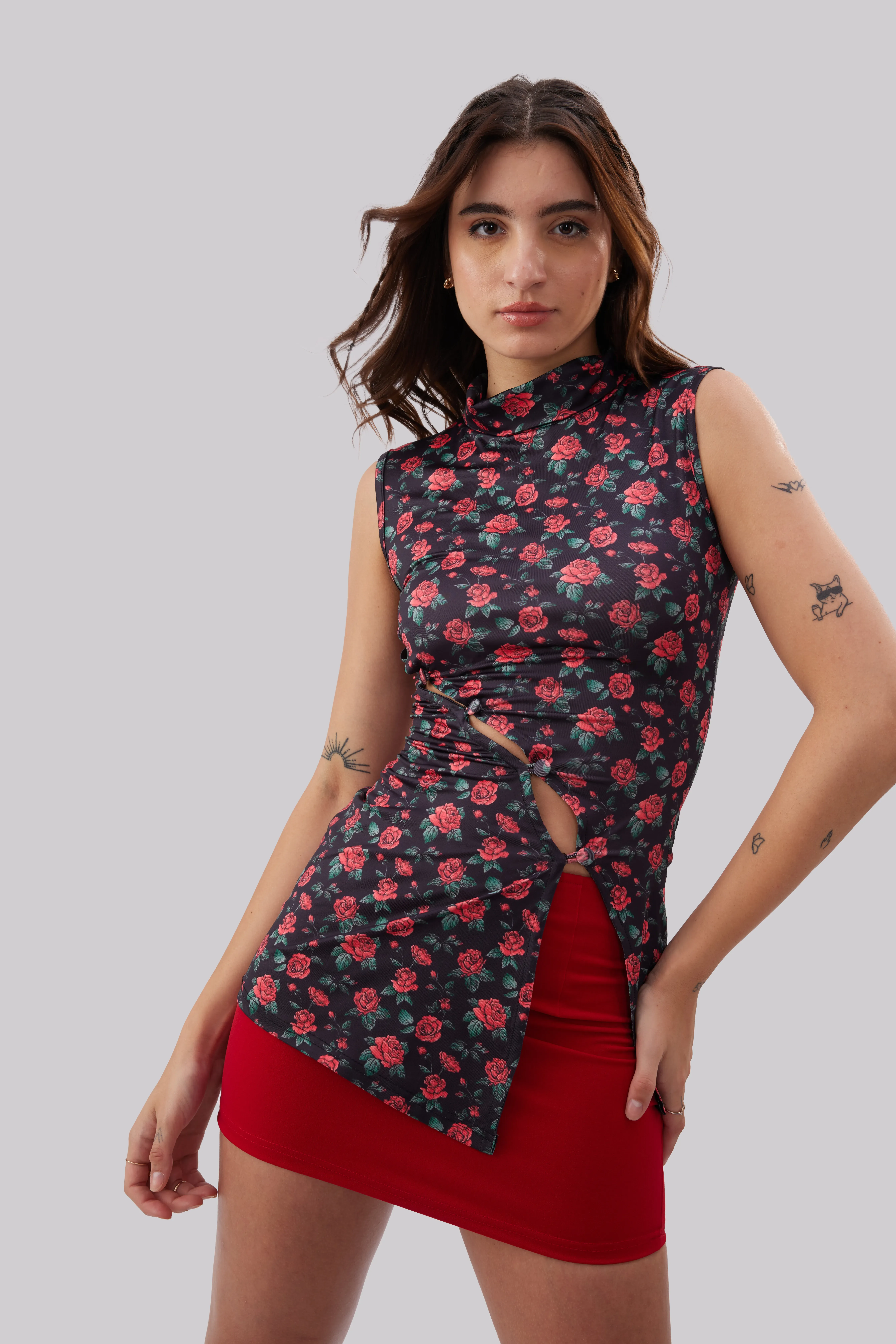 Black Floral Printed Slant Buttoned Top - NEWME