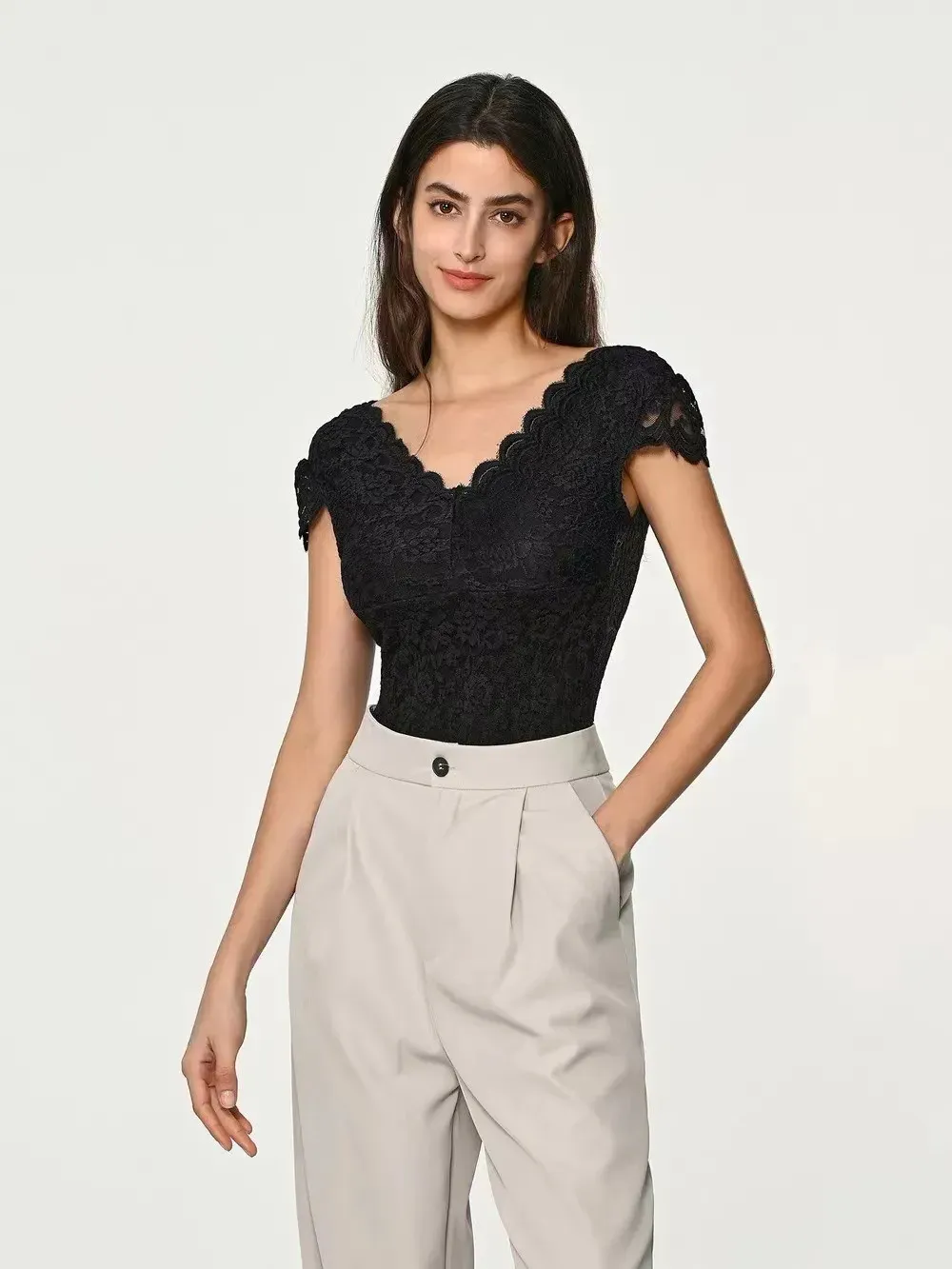 Black Lace Neck Bodysuit - NEWME