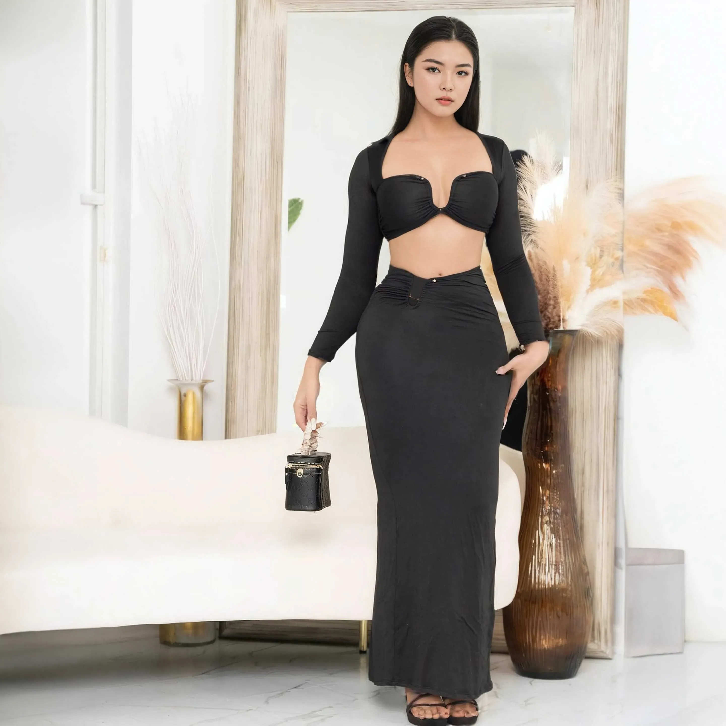 Black Sweetheart Neck Co Ord Set - NEWME